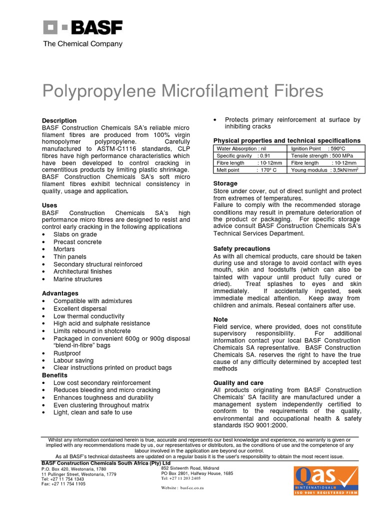 Polypropylene Microfilament Fibres Overview | PDF | Fibers | Concrete
