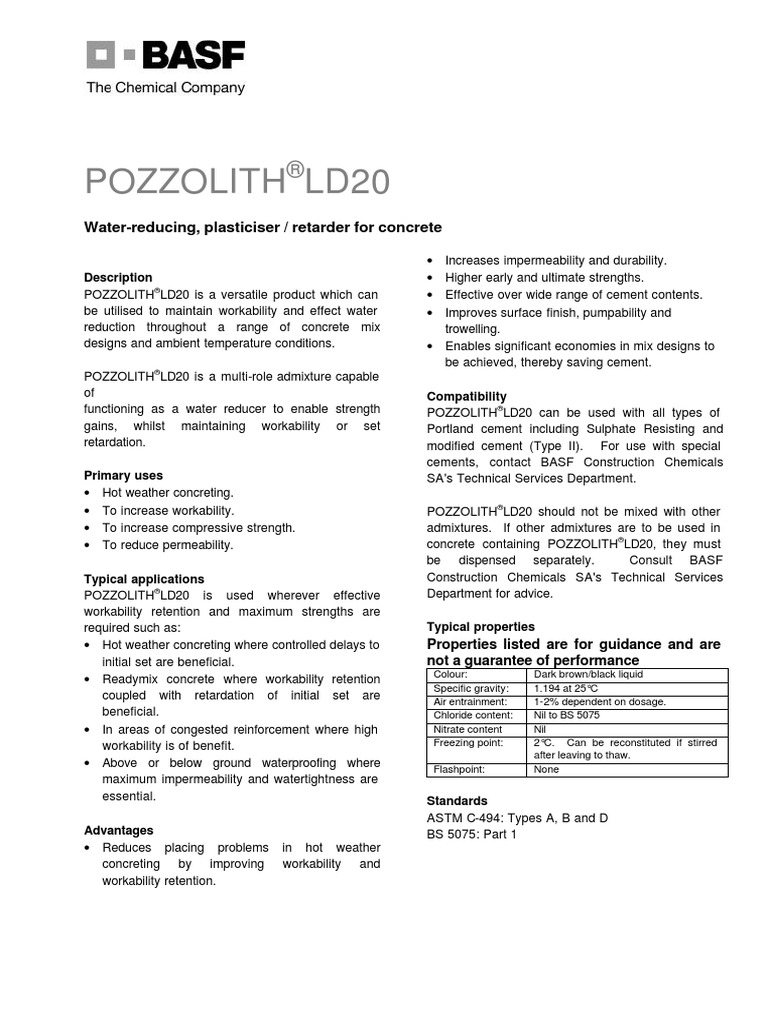 Pozzolith LD20: Water-Reducing, Plasticiser / Retarder For Concrete ...