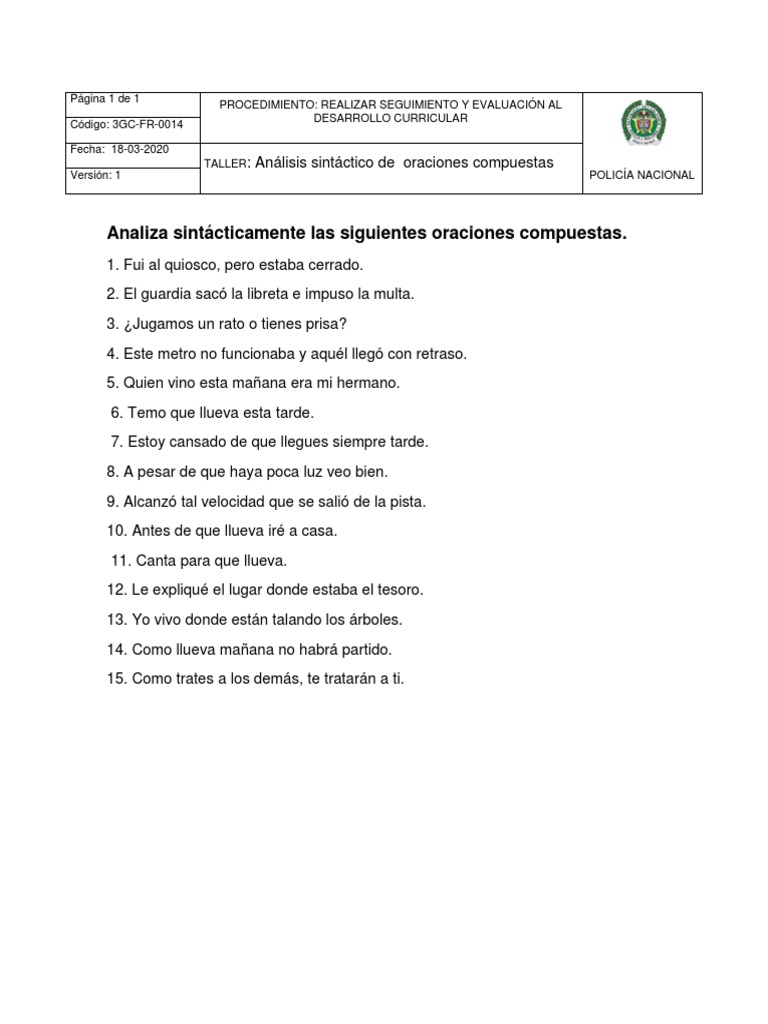 Analisis Sintáctico De Oraciones Compuestas Pdf