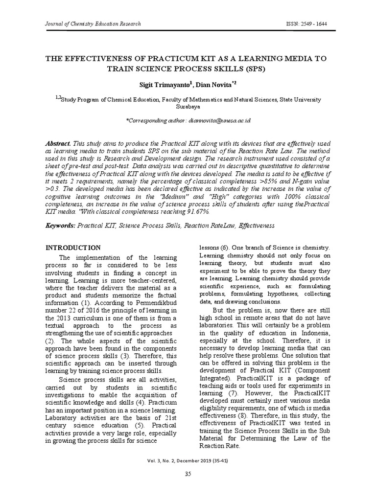 The Effectiveness of Practicum Kit As A Learning Media To Train Science Process Skills (SPS ...