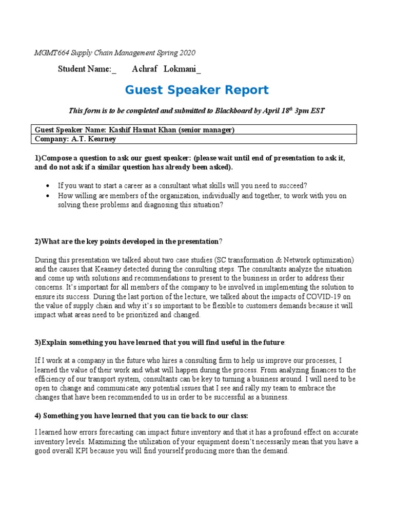 Guest Speaker Report: Student Name: - Achraf Lokmani | PDF | Supply ...
