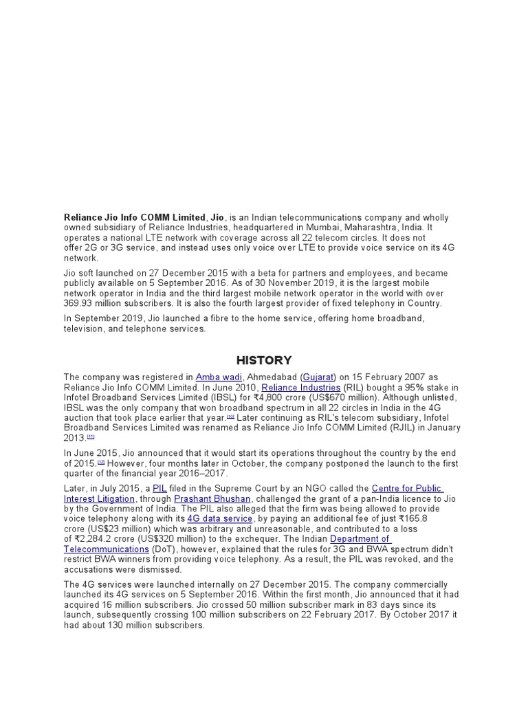 History: Reliance Jio Info COMM Limited, Jio, Is An Indian ...