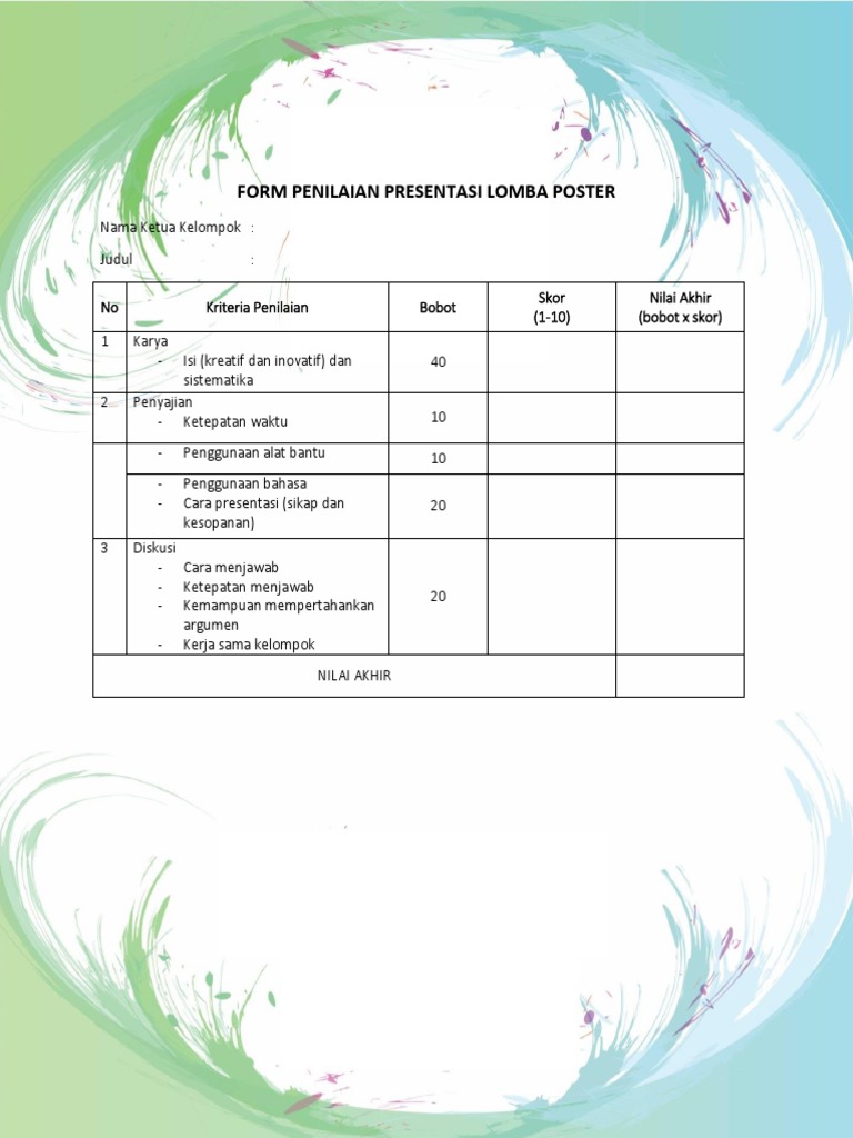 Form Penilaian Presentasi Lomba Poster 1 PDF | PDF