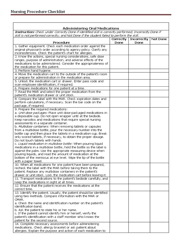 Oral Medication Administration Checklist | PDF | Tablet (Pharmacy ...
