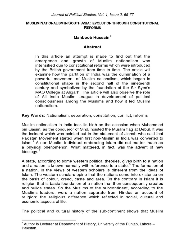 Muslim Nationalism in South Asia Evoluti PDF | PDF