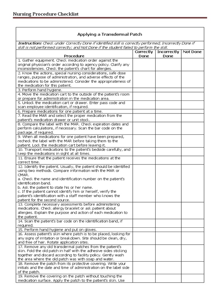 Nursing Procedure Checklist: Applying A Transdermal Patch | PDF | Patient | Hygiene