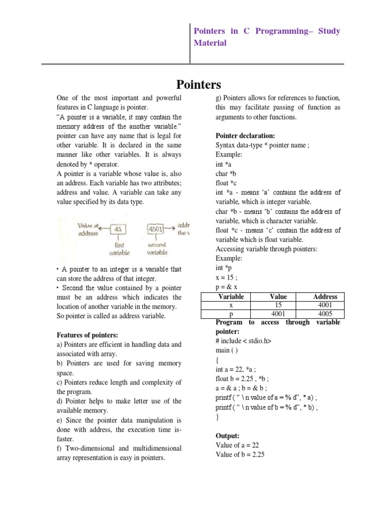 Pointers: Pointers in C Programming - Study Material | PDF | Pointer (Computer Programming ...