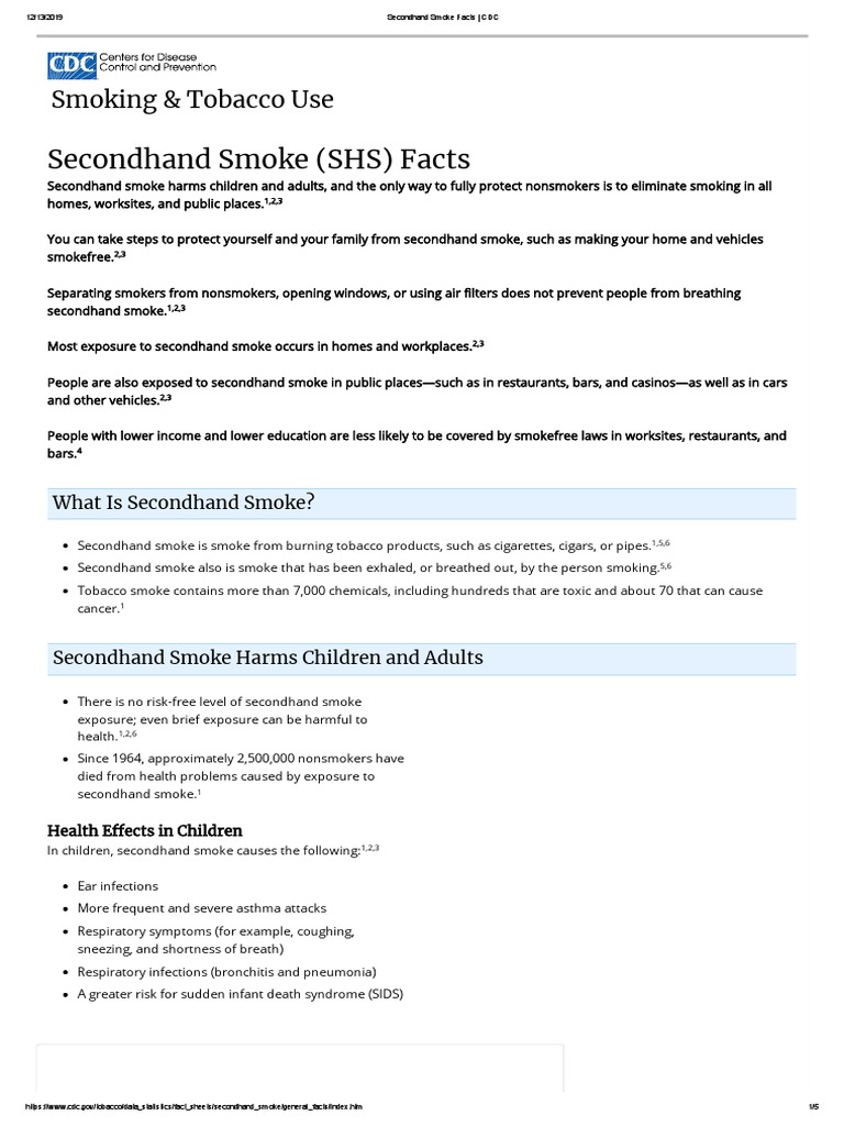 Secondhand Smoke (SHS) Facts From The Centers For Disease Control and ...