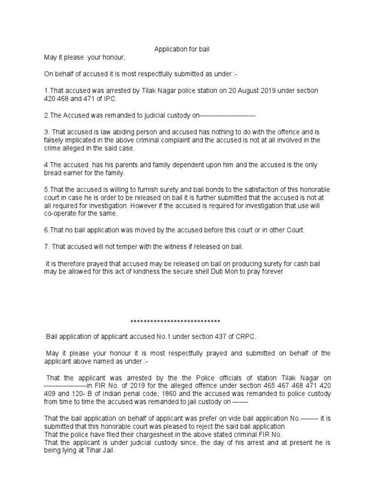 Application For Bail | PDF | Bail | Arrest