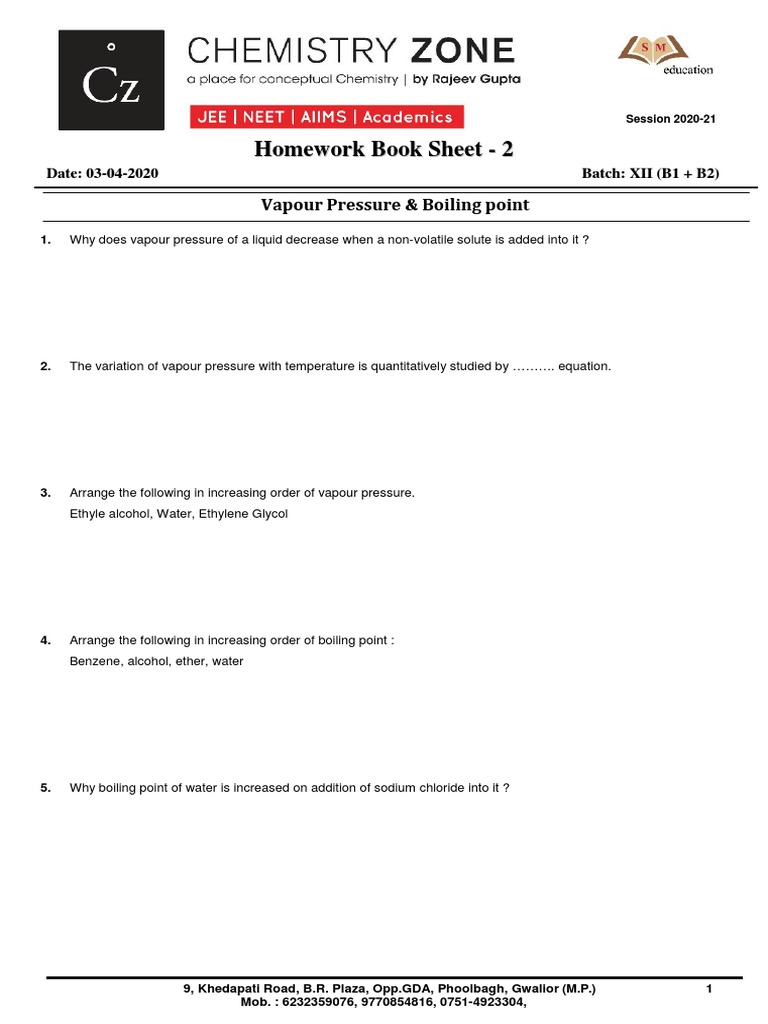 Vapour Pressure and Boiling Point Worksheet | PDF