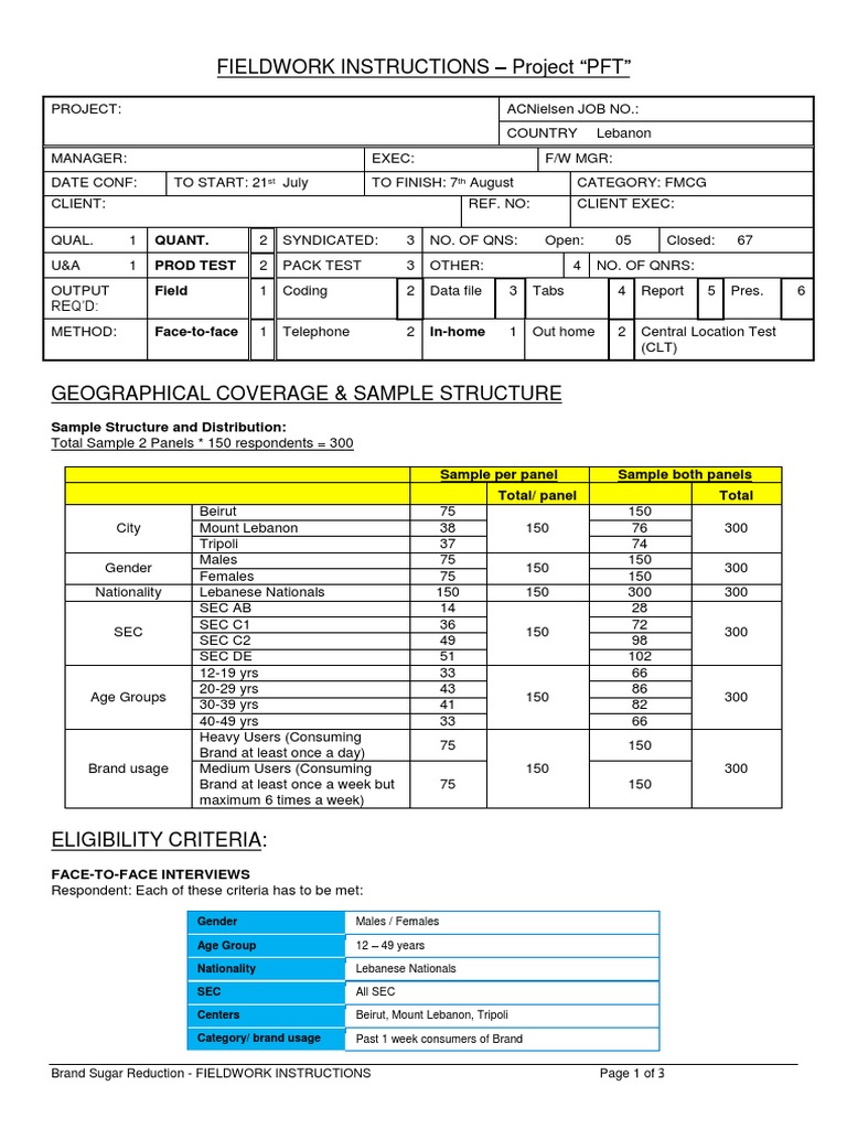 Fieldwork Instructions - Project "PFT": Quant. Prod Test Field | PDF ...