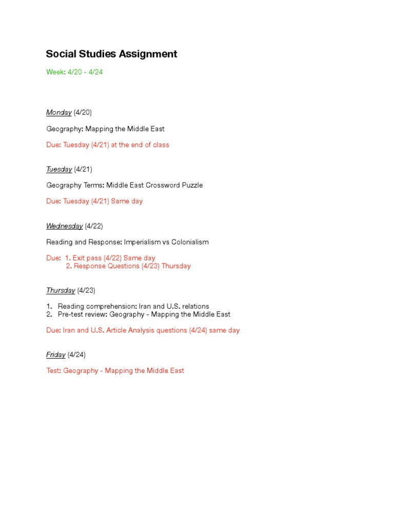 Social Studies Weekly Assignment | PDF