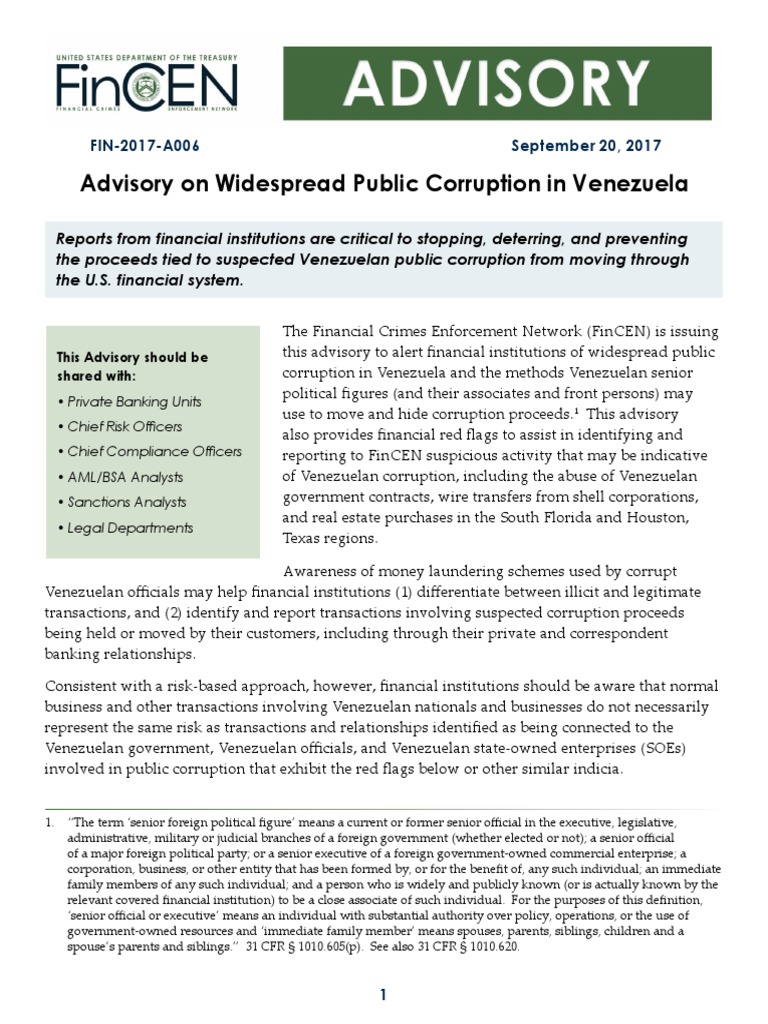 FinCEN Advisory Fincen Septiembre 20 de 2017 | PDF | Money Laundering ...