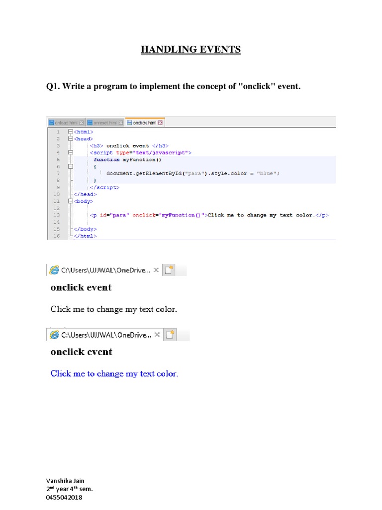 Handling Events Q1 Write A Program To Implement The Concept Of Onclick Event Pdf Finance 