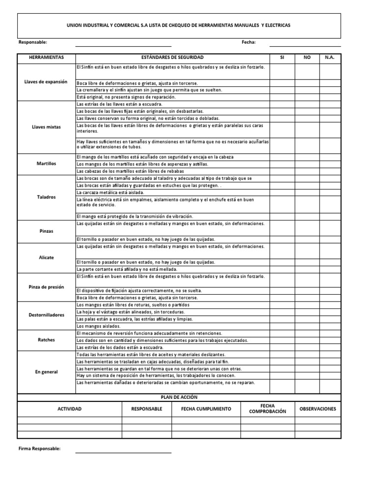 Lista de Chequeo de Herramientas Manuales Unico | PDF | Herramientas | Tornillo