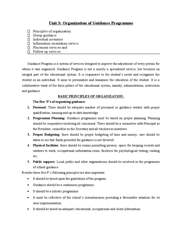 Unit 3: Organization of Guidance Programme | PDF | Teachers | Self ...