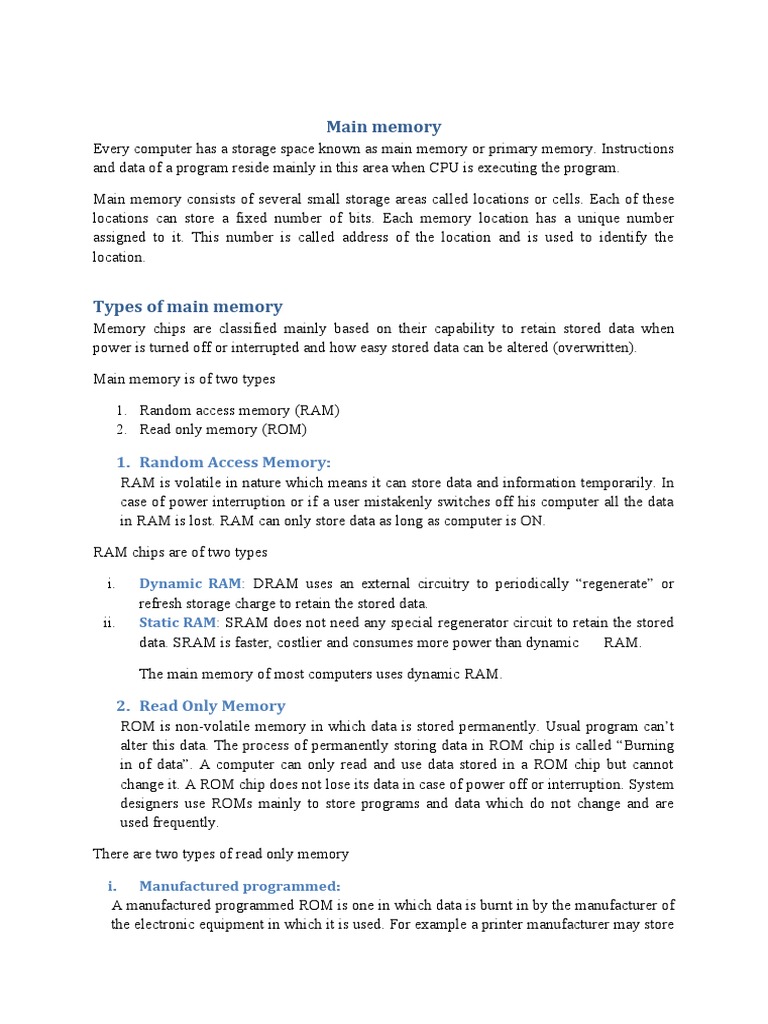 An In-Depth Look at Main Memory: Types, Components, and Functions | PDF | Random Access Memory ...