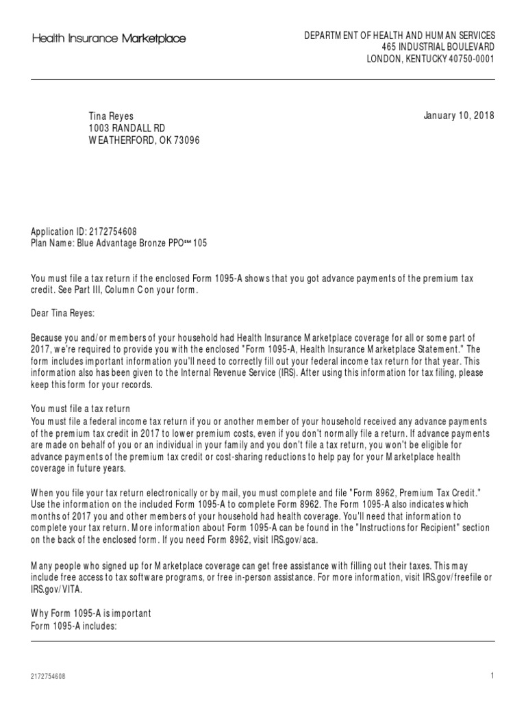 Form1095a 2017 PDF | Download Free PDF | Insurance | Government Finances