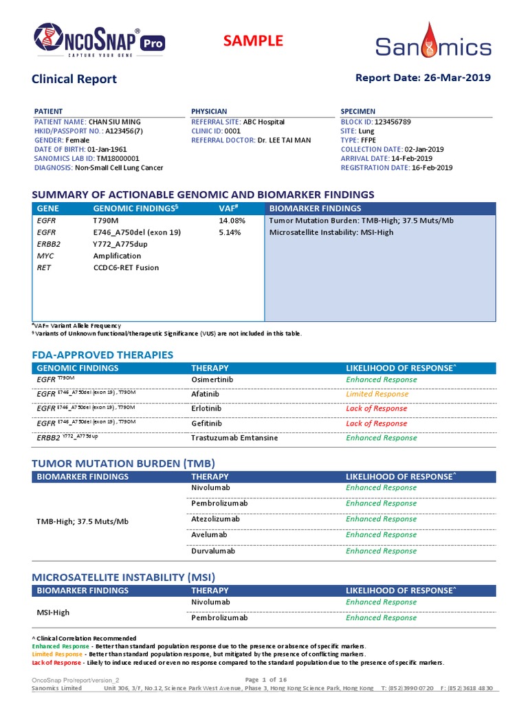 Sanomics OncoSnapPro Sample Report | PDF | Epidermal Growth Factor Receptor | Tyrosine Kinase