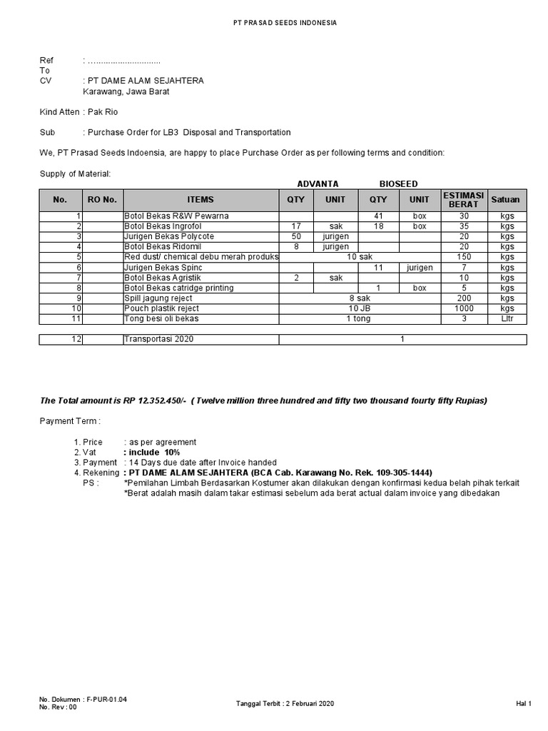 Contoh Form Purchase Order Purchasing | PDF