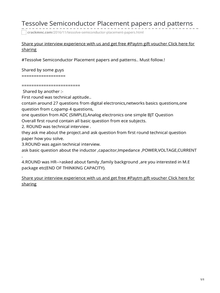Tessolve Semiconductor Placement Papers and Patterns | PDF