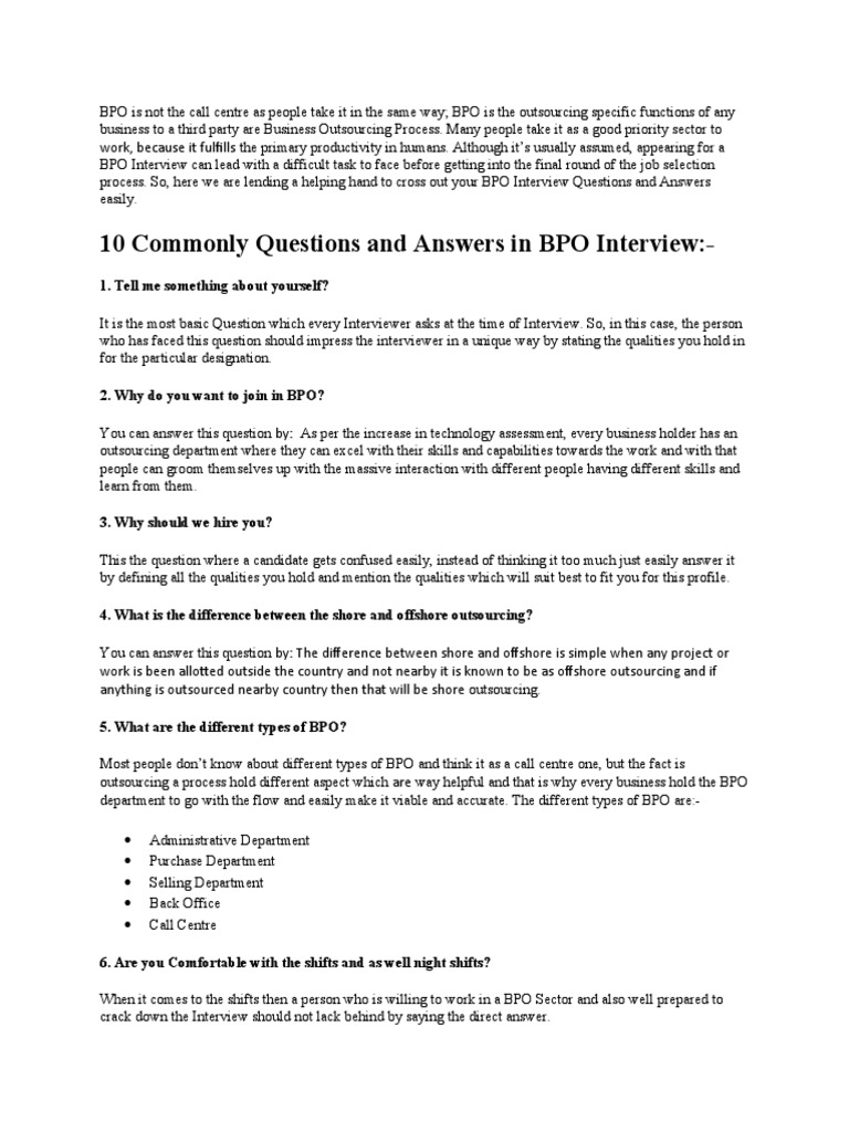 10 Commonly Questions and Answers in BPO Interview | PDF | Outsourcing ...