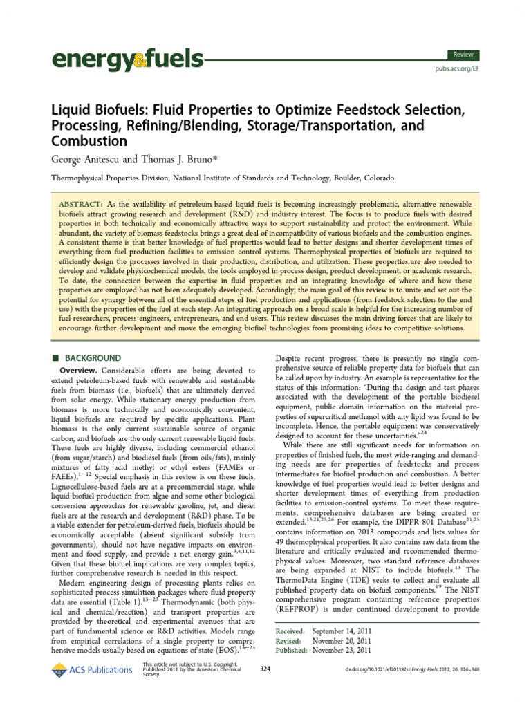 Liquid Biofuels: Fluid Properties To Optimize Feedstock Selection, Processing, Refining/Blending ...