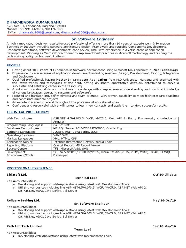 Senior Software Engineer Profile - .NET Expert | PDF | Web Application | Application Programming ...