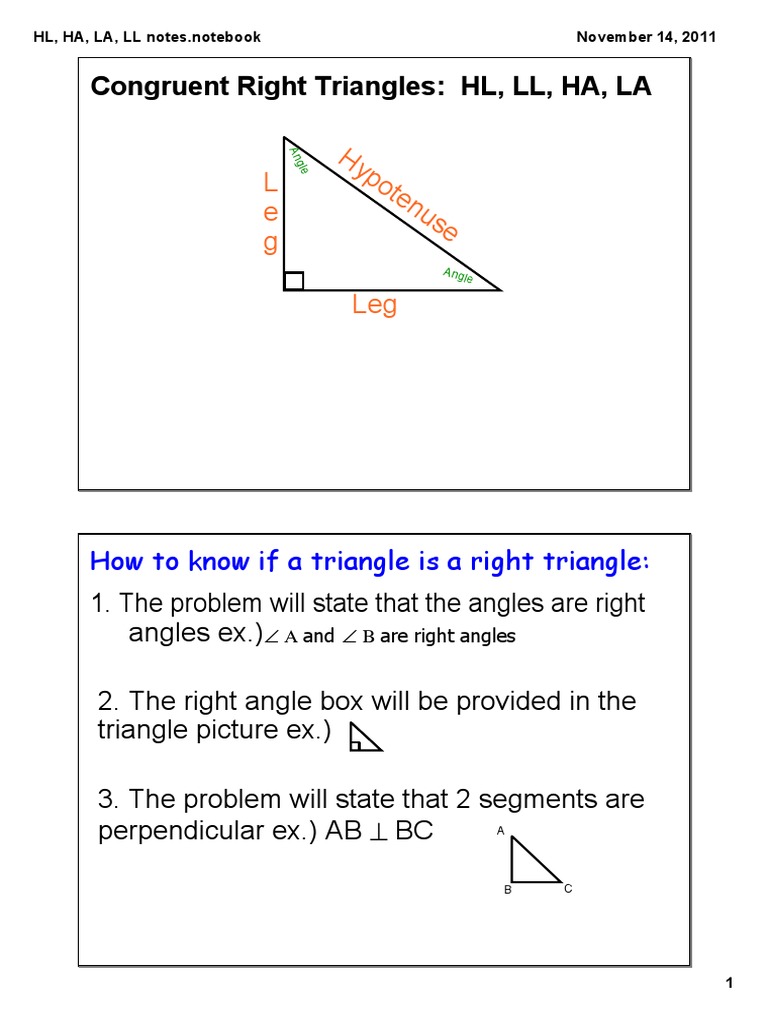 Congruent Right Triangles: HL, LL, HA, LA: Hypotenuse | PDF | Triangle ...