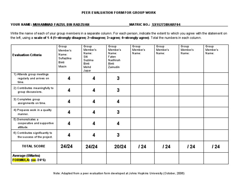 Peer Evaluation Form For Group Work | PDF