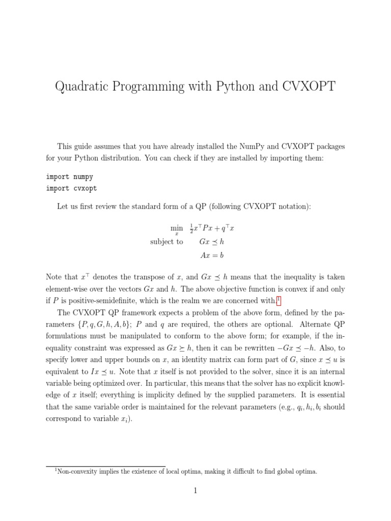 Quadratic Programming With Python And Cvxopt Pdf Matrix