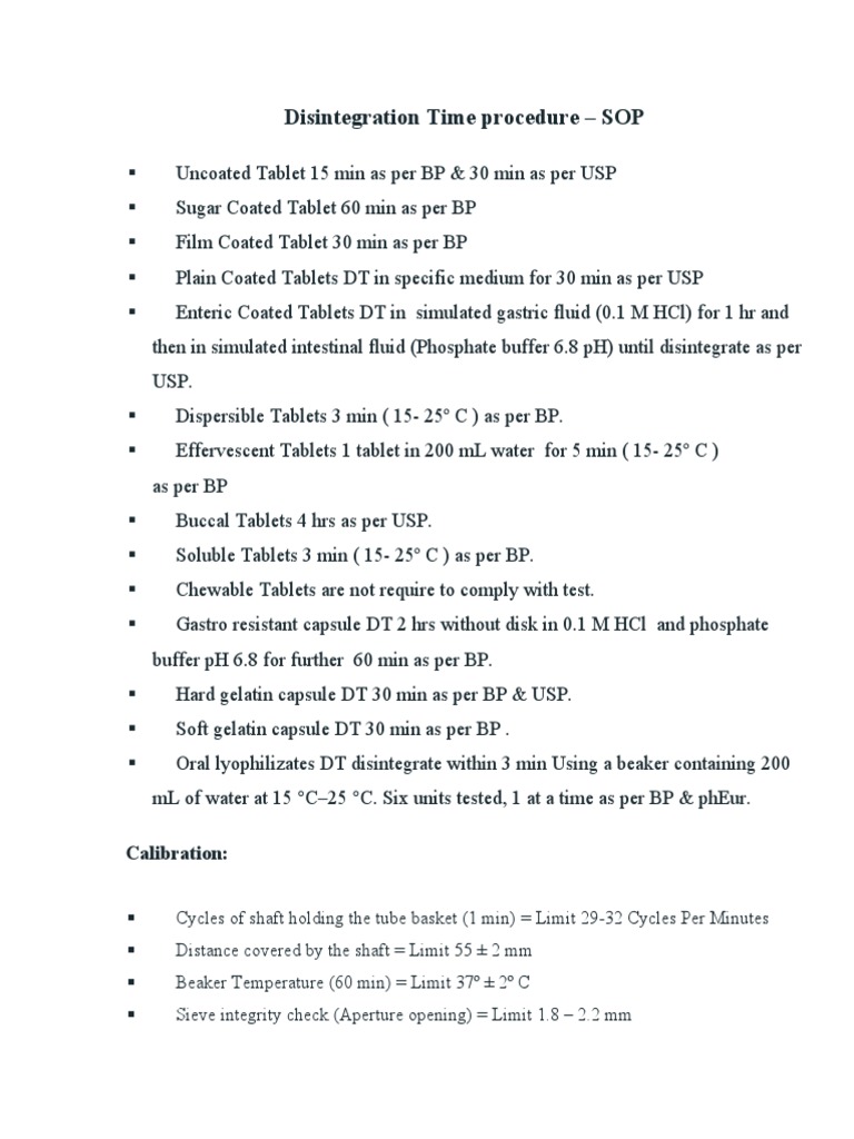 Disintegration Time Procedure - SOP | PDF