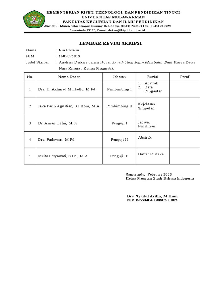 Lembar Revisi Skripsi | PDF