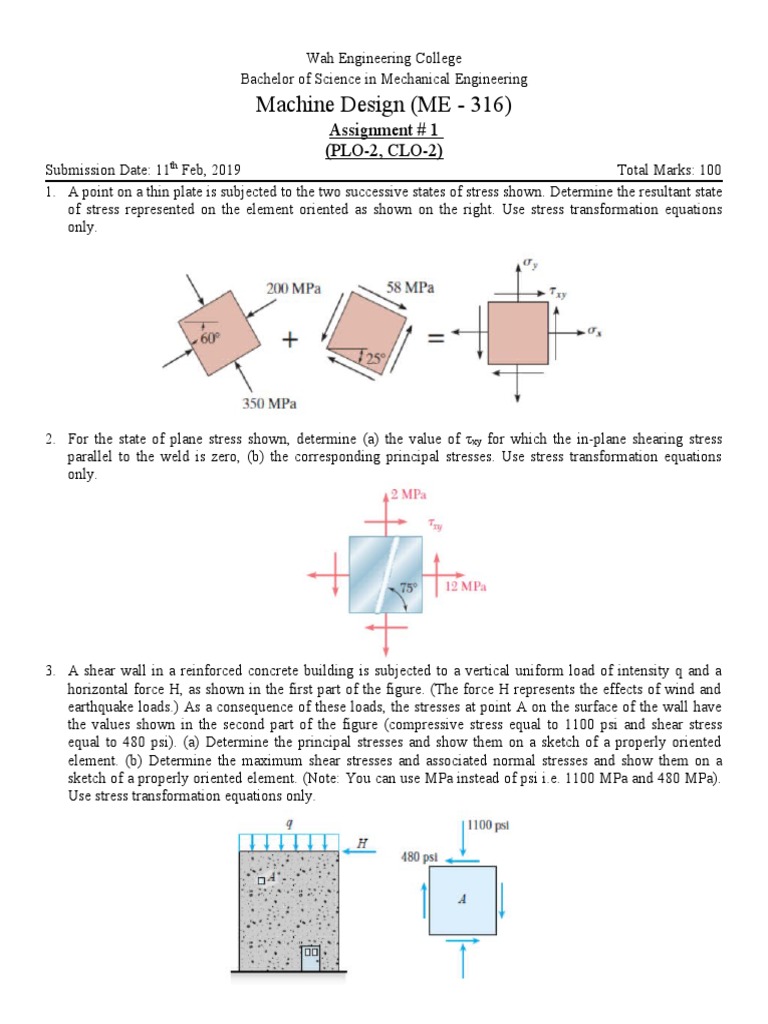 Machine Design (ME - 316) : Assignment # 1 (PLO-2, CLO-2) | PDF ...