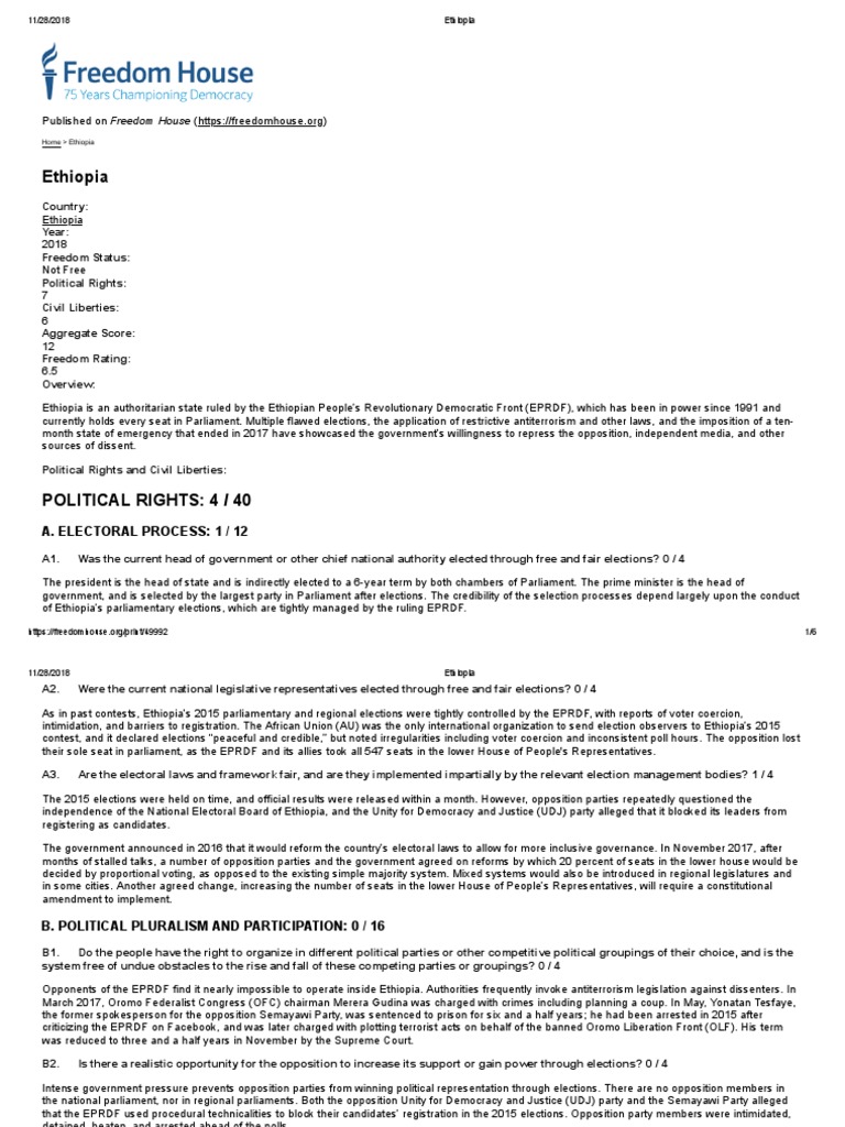Ethiopia Freedom House Report | PDF | Ethiopia | Elections