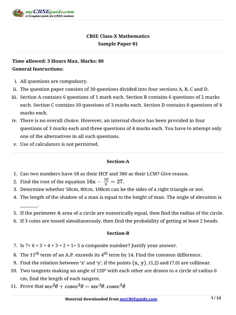 CBSE Class 10 Math Sample Paper 01 | PDF