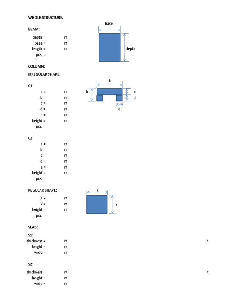 Dimensional specifications and volume calculations for structural ...