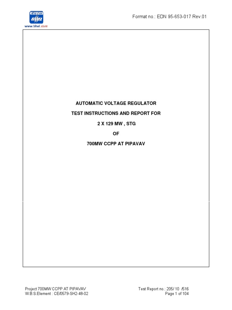 Automatic Voltage Regulator Test Instructions and Report For 2 X 129 MW ...