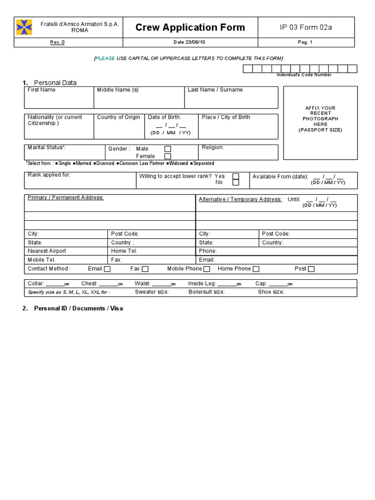 Crew Application Form: Personal Data | PDF | Oil Tanker | Identity Document