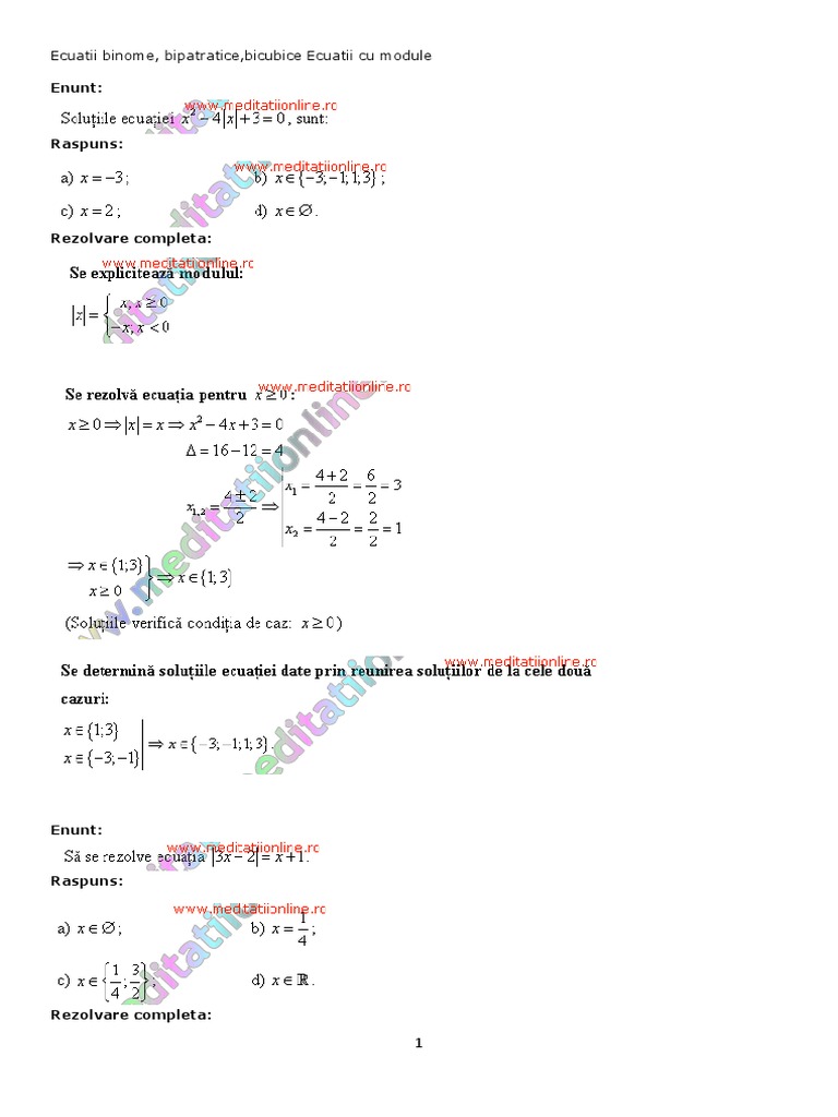 Ecuatii de Gradul I, Cu Module, Irationale, Binome | PDF