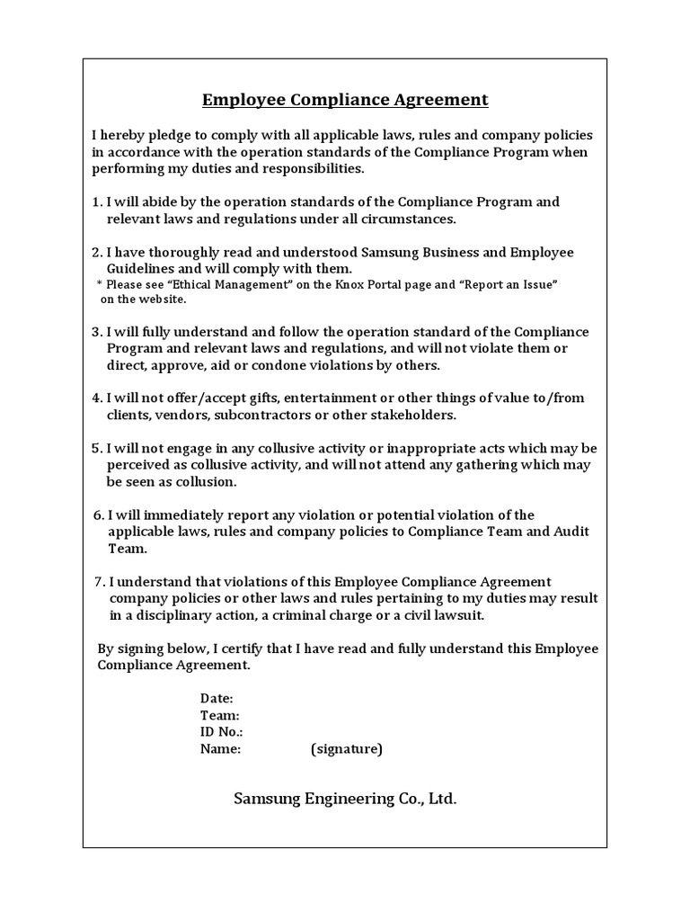 Employee Compliance Agreement | PDF