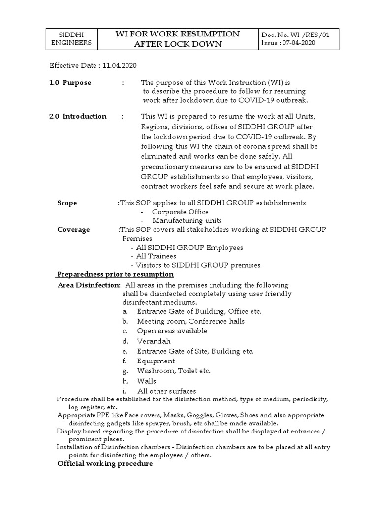 Wi For Work Resumption After Lock Down - English | PDF | Hand Washing ...