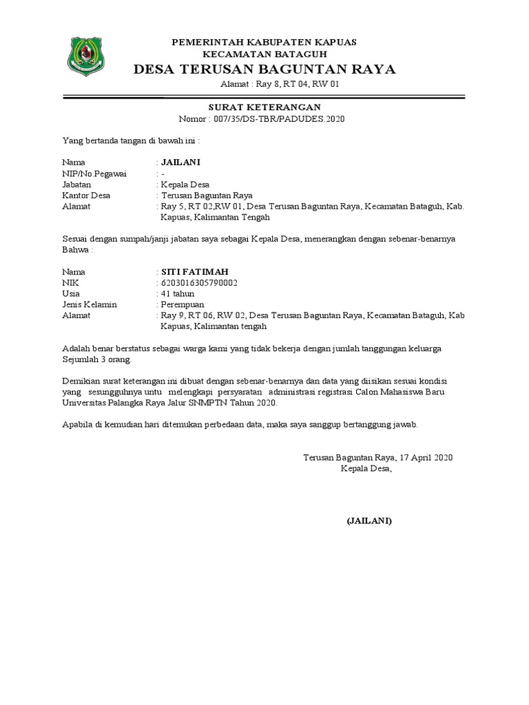 Surat Keterangan Kepala Desa | PDF