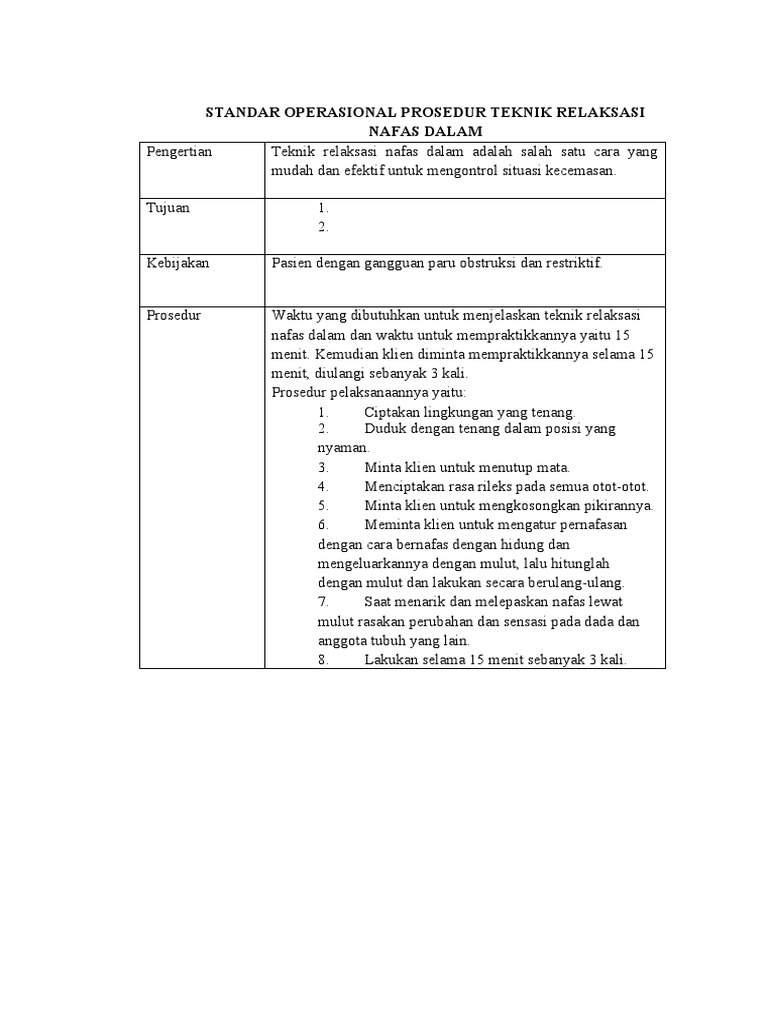 Standar Operasional Prosedur Teknik Relaksasi Nafas Dalam | PDF