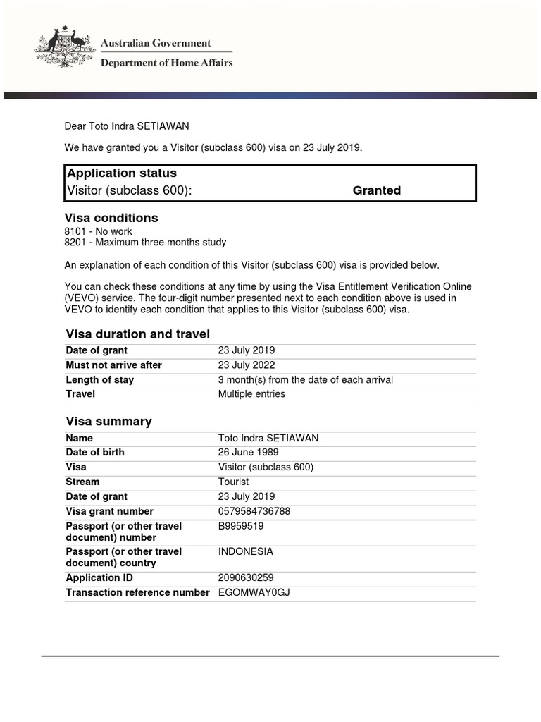 Application Status Granted Visa Conditions: Visitor (Subclass 600 ...