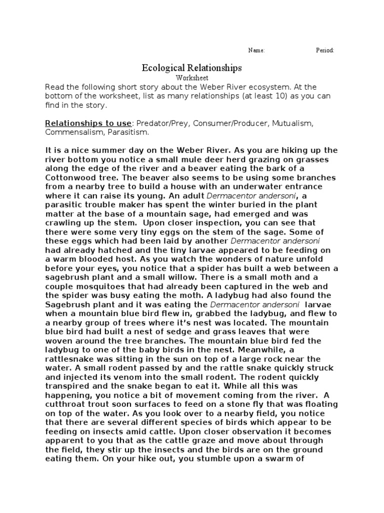 Ecological RELATIONSHIPS Worksheet Weber River Tick | PDF | Rattlesnake ...