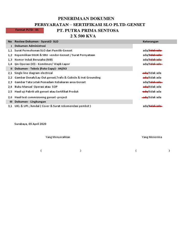 Dokumen SLO PLTD - PT. PUTRA PRIMA SENTOSA | PDF