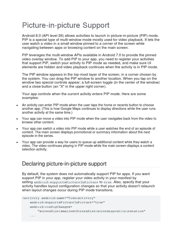 Picture-In-Picture Support | PDF | Mobile App | Android (Operating System)