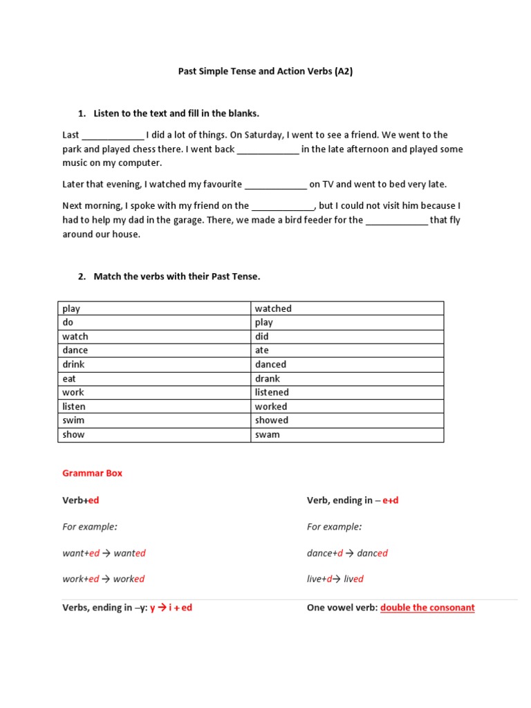 Past Simple Tense and Action Verbs Lesson Plan (A2) Free Lesson Plans ...