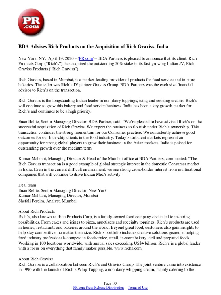BDA Advises Rich Products On The Acquisition of Rich Graviss, India ...